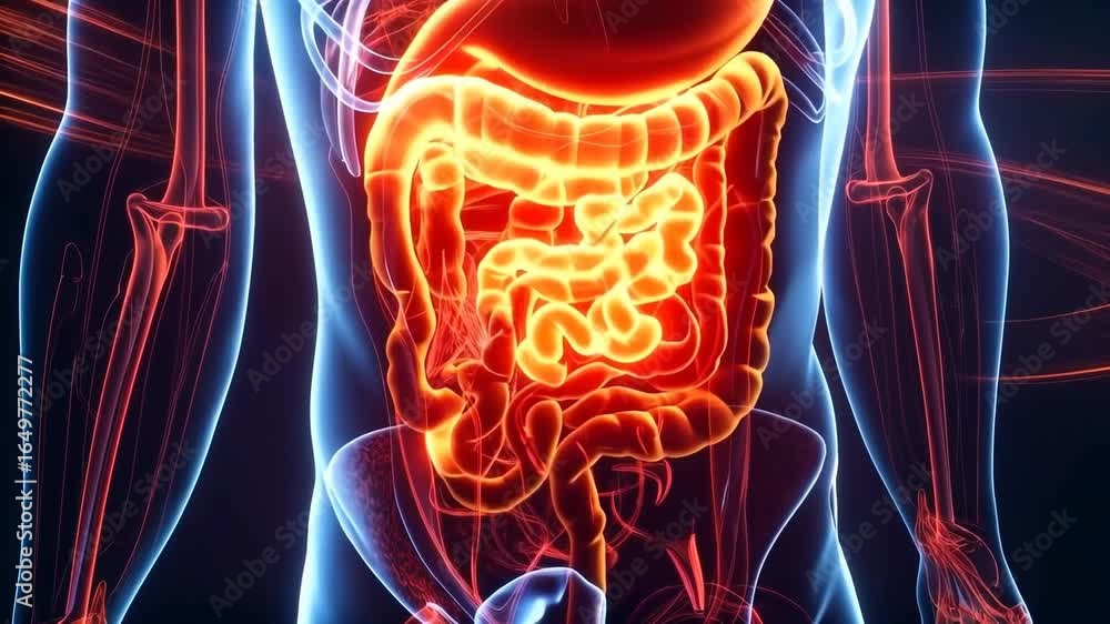 A glowing visualization of the human digestive system is displayed ...