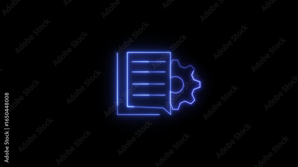 Animated neon blue color document gear icon. neon note book icon ...