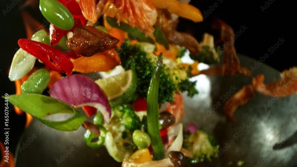 Super Slow Motion of Flying Asian Meal with Vegetable and Meat.Filmed on High Speed Cinema ...