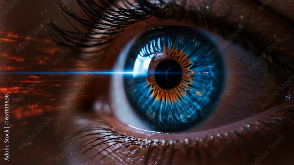 Detailed human eye with blue iris and horizontal light beam health and ...