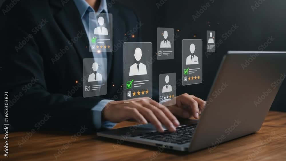 A person in a suit is typing on a laptop with candidate profile icons ...