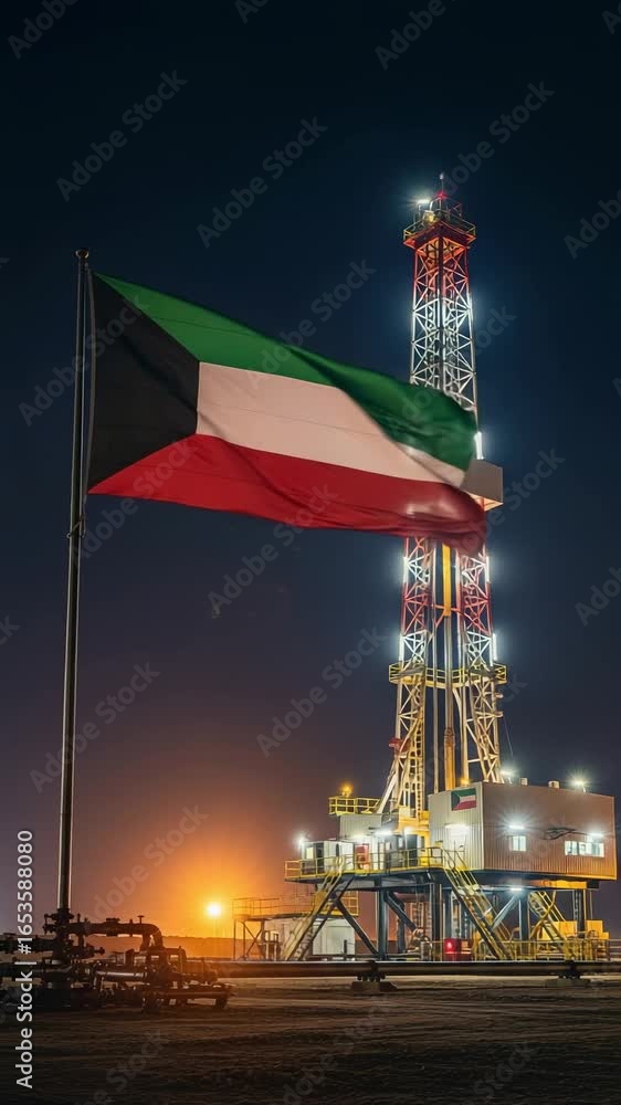 The flag of Kuwait waving in front of an oil drilling rig at night. A ...