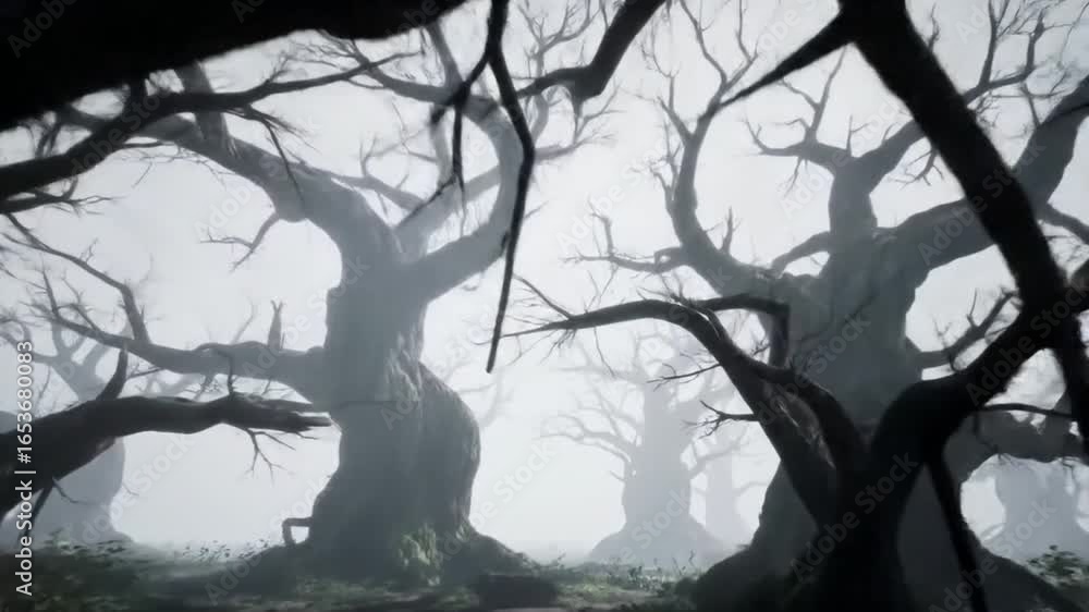 Mysterious and Eerie Bare Trees in a Dense Foggy Forest on a Gloomy Day ...