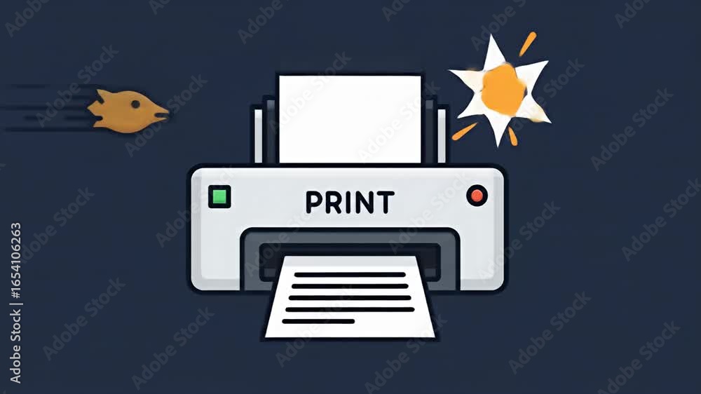 Cartoon printer outputs document, alongside a speeding fish and an ...