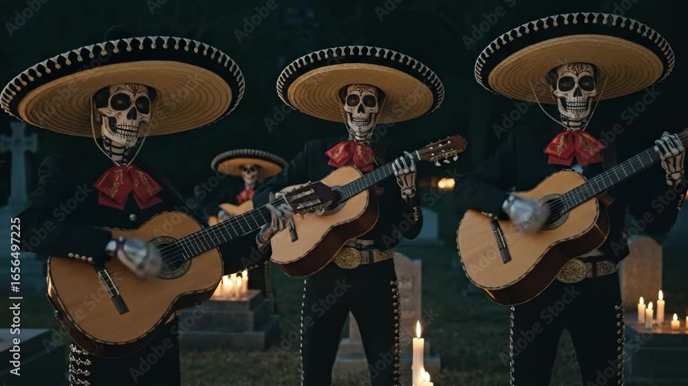 Dia de los Muertos Mariachi Skeletons Playing Guitars in Cemetery, Day ...
