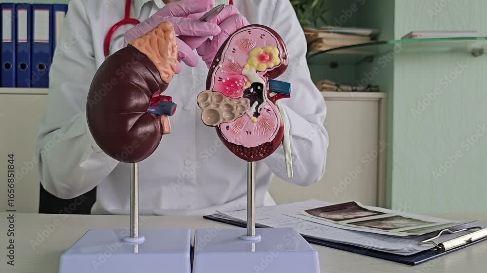 Doctor explains kidney anatomy and function with detailed models in a ...