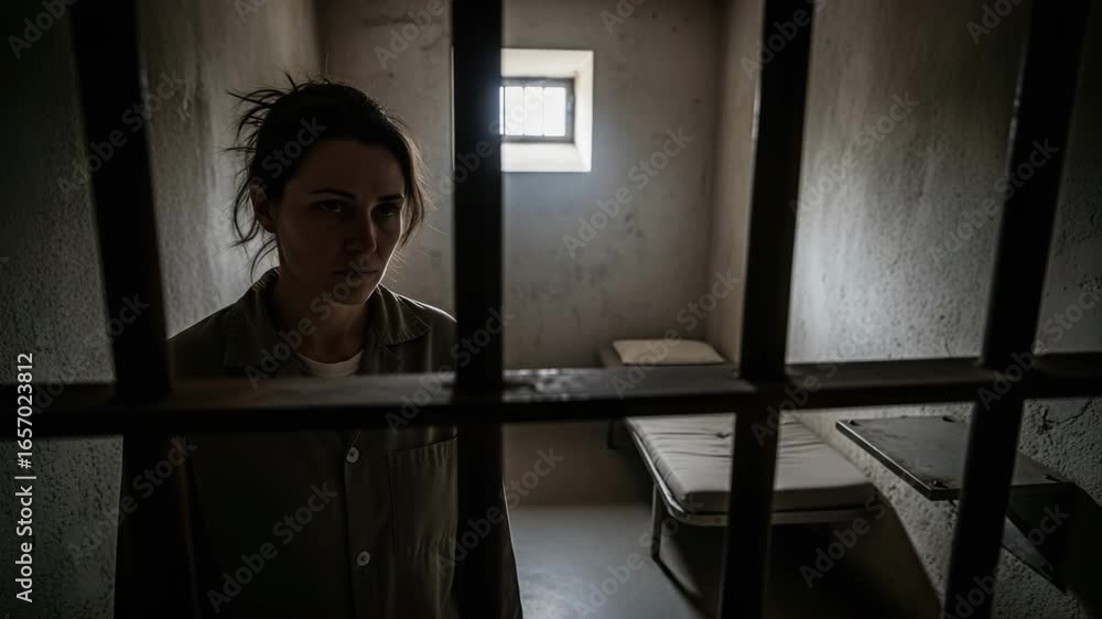 Sad female prisoner standing in dark prison cell behind bars, dramatic ...