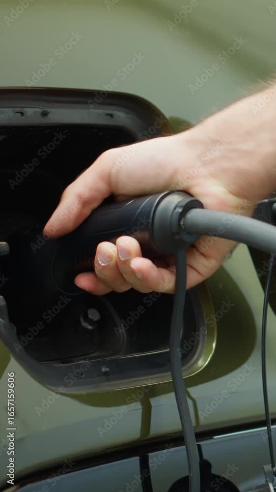 Vertical video Close up of driver attaching electric cable connector to ...