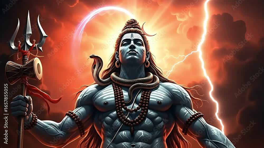 Divine hindu god illustration shiva with trishul against radiant sky ...
