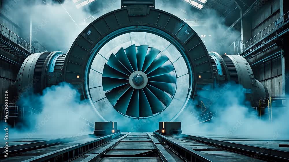Large jet engine undergoing performance testing with rotating turbine ...