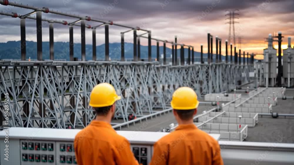 Electric utility workers monitor power grid during sunset with safety ...