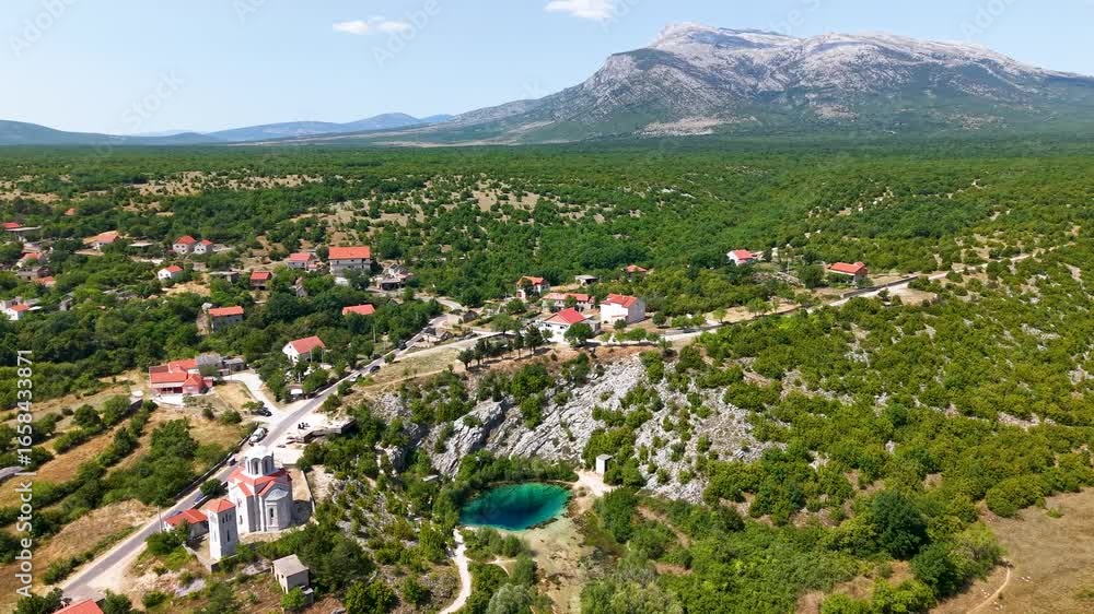 Drone panorama over Cetina River spring near Vrlika Croatia turquoise ...