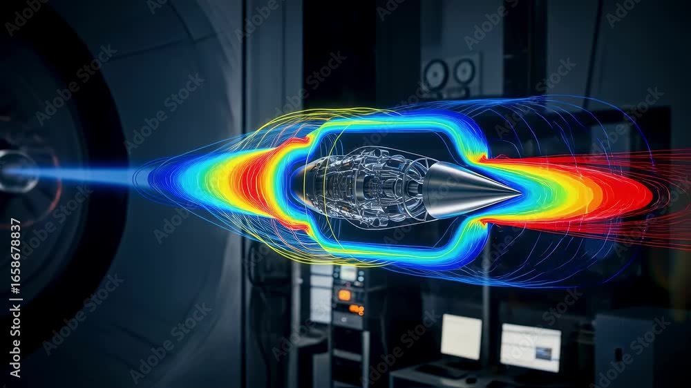 Schematic overlays showing airflow velocity and temperature gradients ...