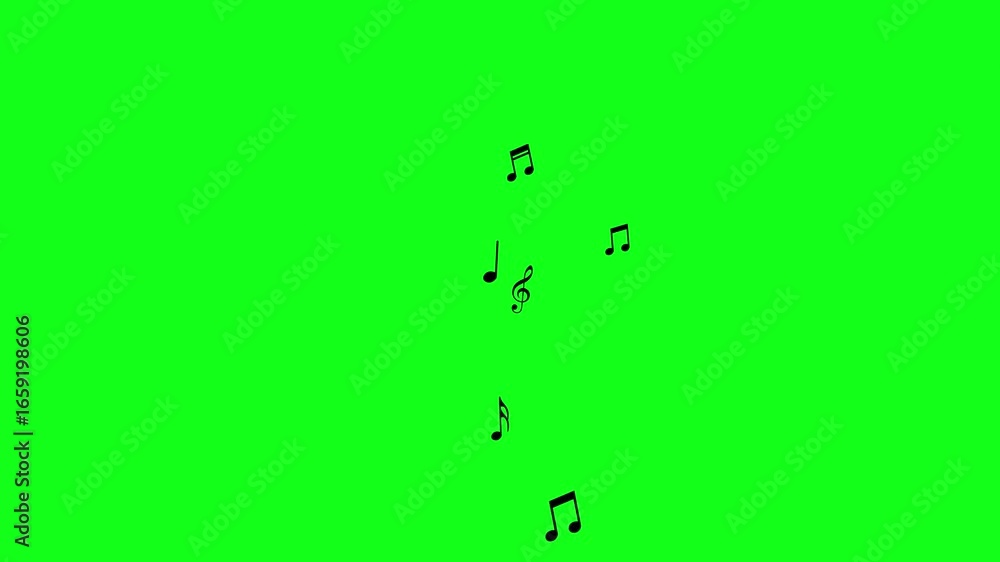 Animated rotating black notes flying from bottom to top, on a green ...
