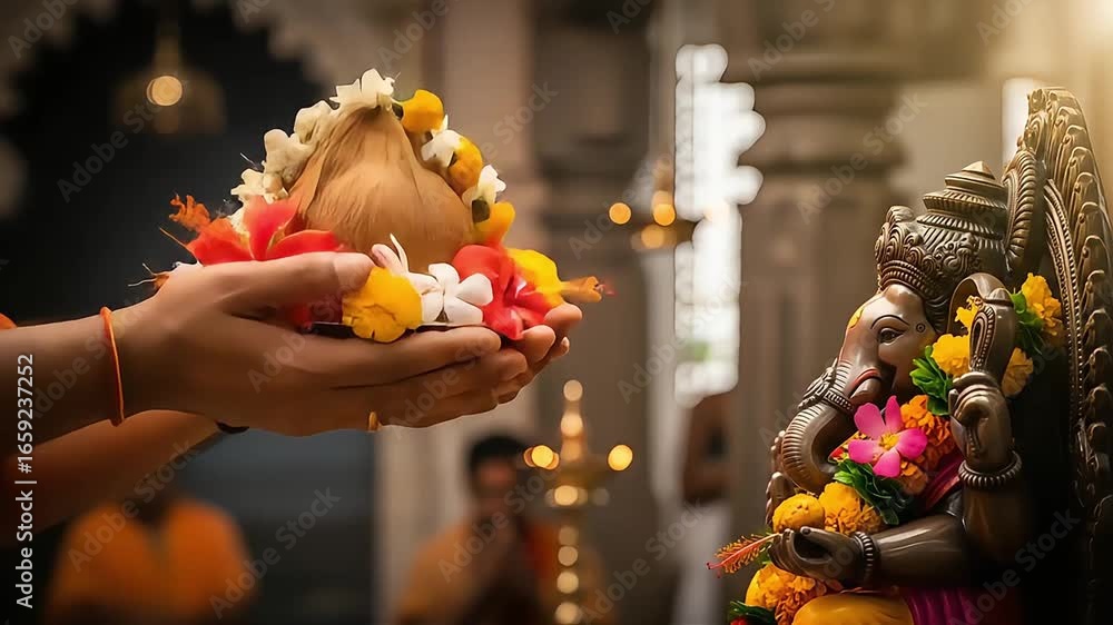Devotee offering coconut and flowers during ashtavinayak ganesh ...