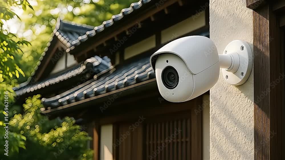 White security camera on traditional Japanese house exterior, blending ...