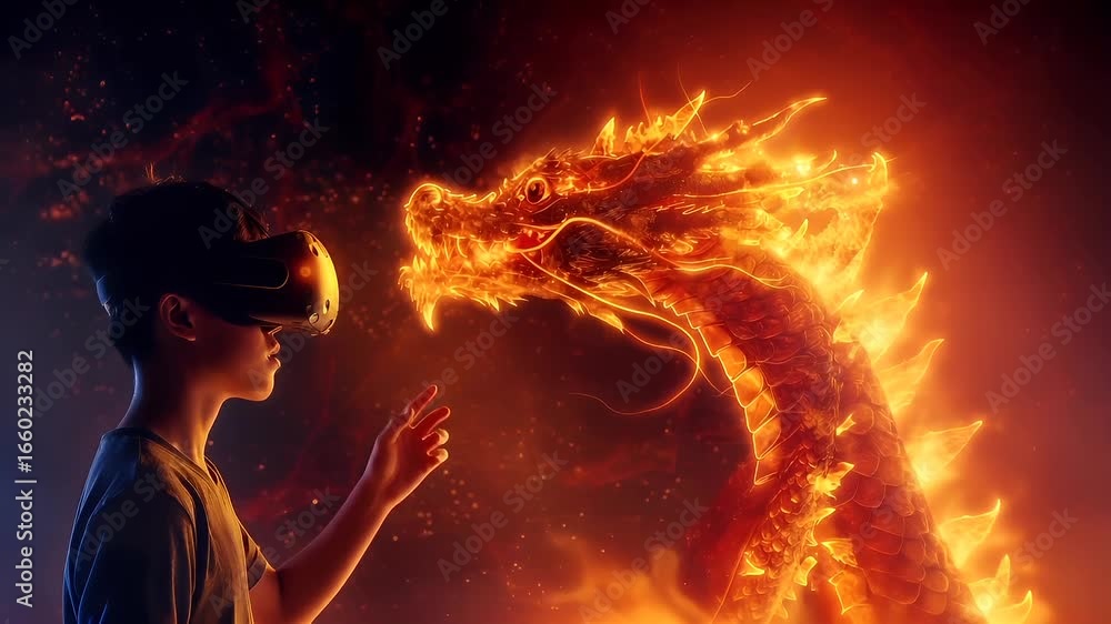 Virtual reality VR theme concept. A vivid portrayal of a fiery dragon ...
