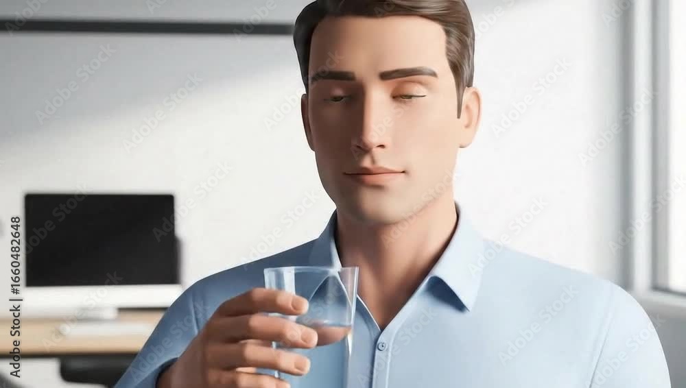 Endless loop of animated man drinking water from glass, realistic 4K AI ...