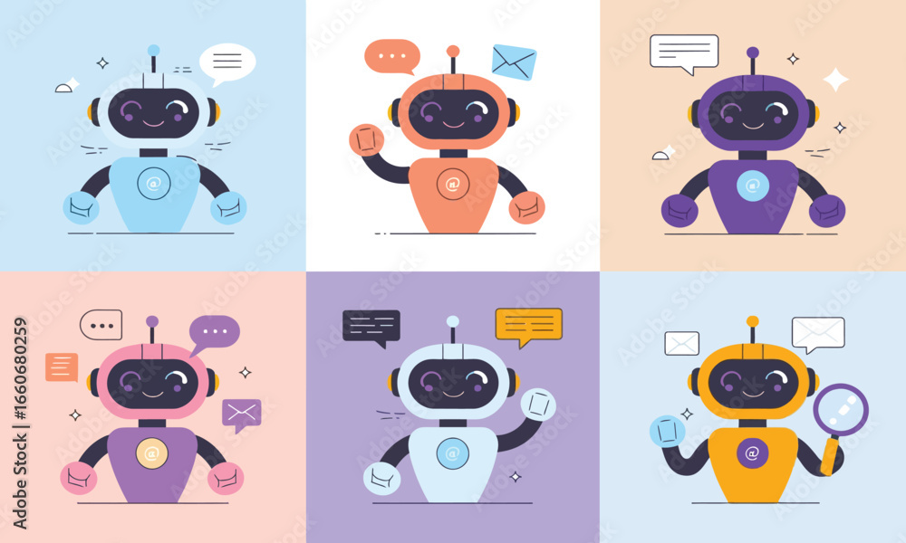 Set of friendly robots communicating through speech bubbles and message icons for ai technology ...