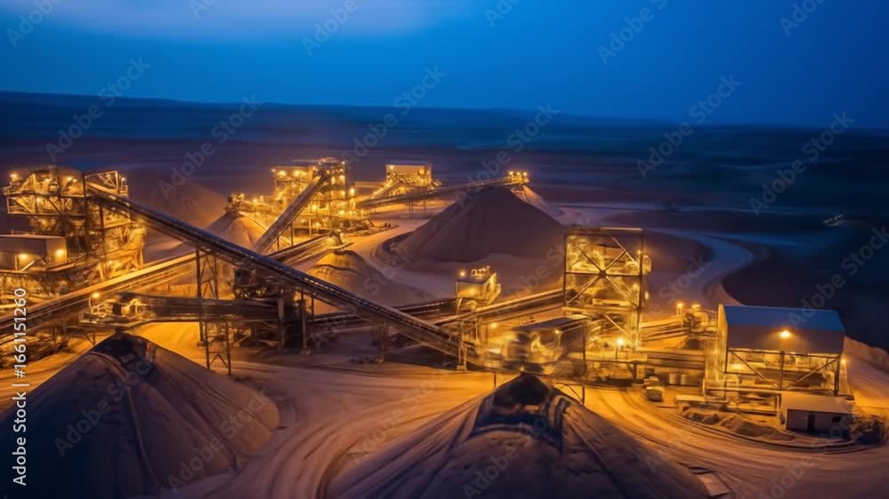 Industrial Mining Operations at Night with Heavy Machinery and Piles of ...