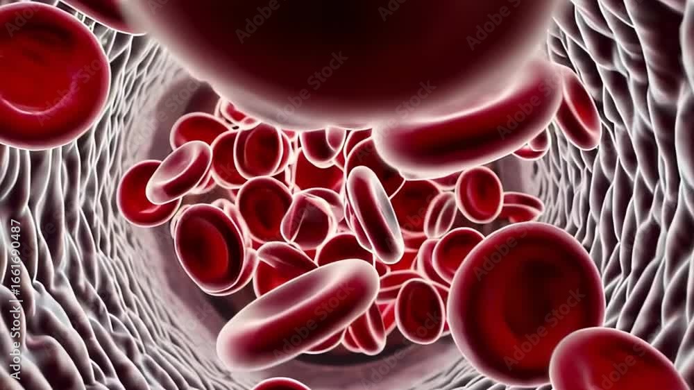 Red blood cell particles move through the bloodstream in a vein ...