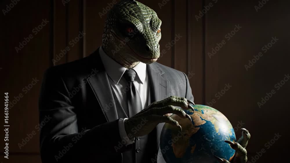 Lizard Person in Suit Holding Earth Model - A fictional lizard person ...