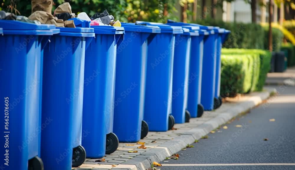 Blue garbage cans line street curb. Wheelie bins for trash collection ...