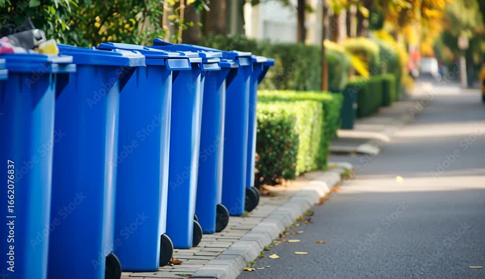 Blue garbage cans line street curb. Wheelie bins for trash collection ...