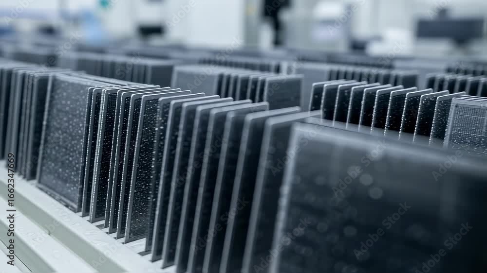 Rows of thin photovoltaic silicon wafers drying after chemical ...