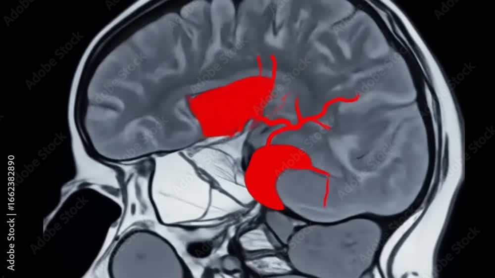 MRI scan of a human brain highlighting a vascular anomaly with blood ...