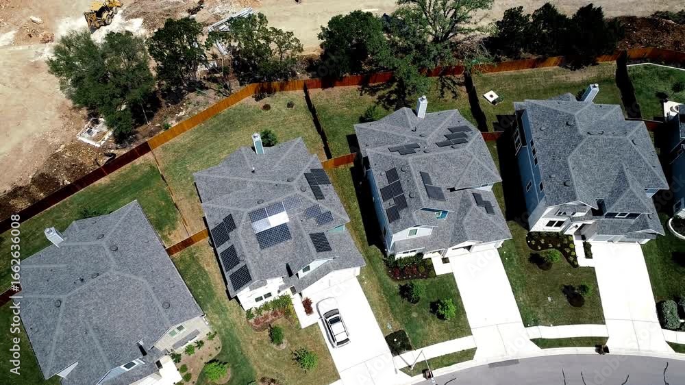 An aerial establishing suburban neighborhood, residential home ...