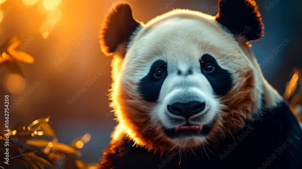 Golden Hour Panda: Close-Up Portrait with Warm Light and Bamboo Details ...