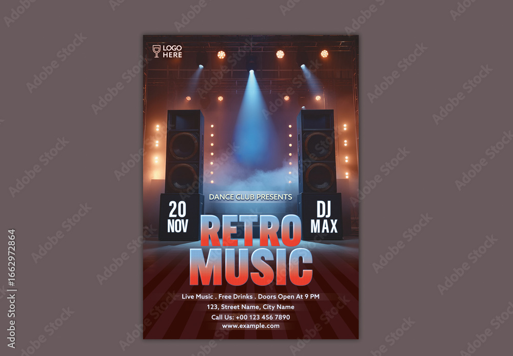 Retro Music Party Flyer with Speakers on Stage and Spotlight for Live ...