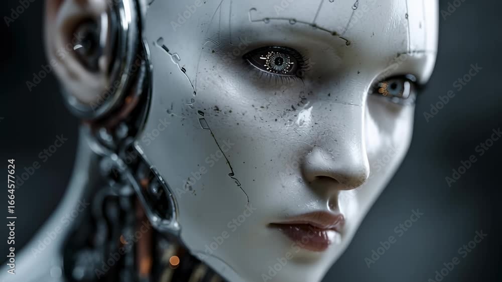 A close-up portrait of a female humanoid with robotic parts, including ...