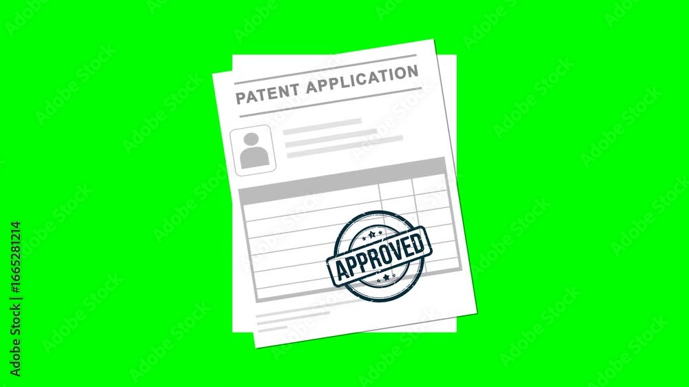 Patent application form with animated approved stamp seal on green ...