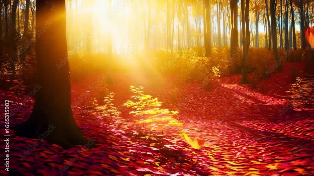Autumn forest scenery with red and yellow leaves under sunlight ...