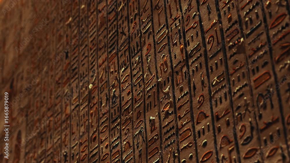 Rows of detailed hieroglyphs carved in stone, preserving sacred texts ...