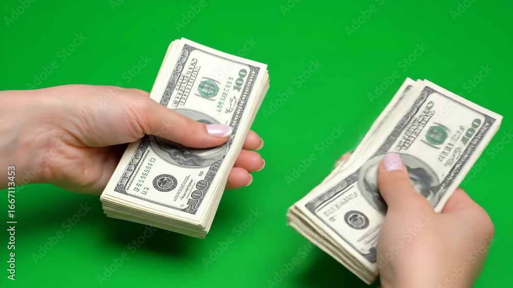 Hands Counting Stacks of Hundred Dollar Bills - Close-up of two hands ...