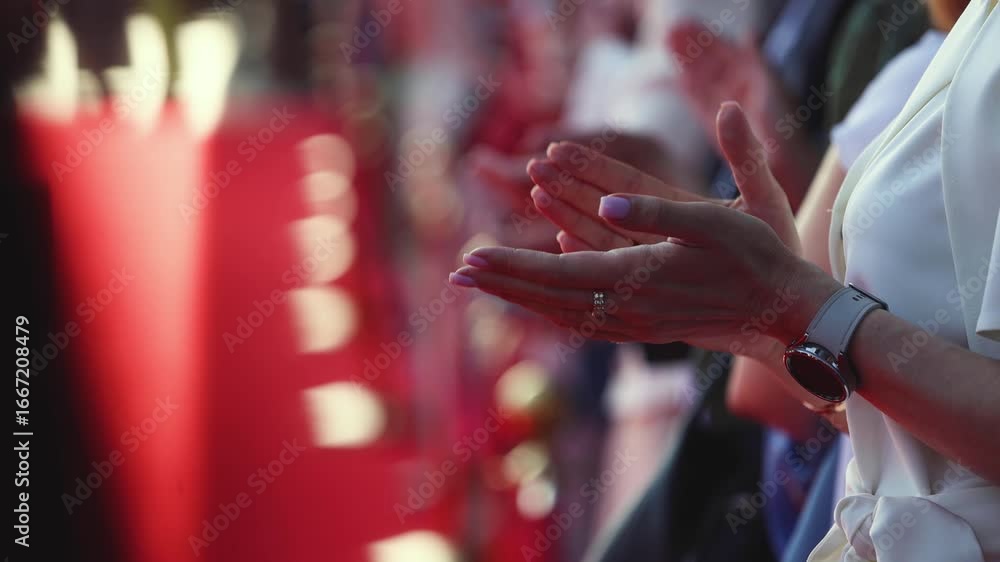 Actors, celebrities and stars on red carpet, guests and fans cheer an ...