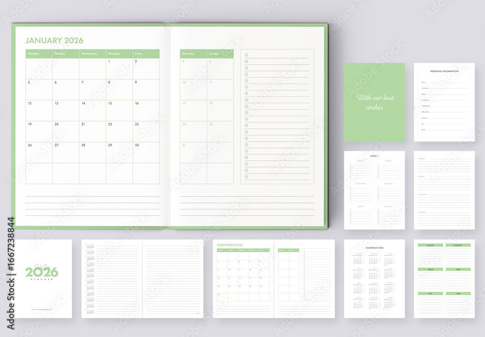 Agenda Planner 2026 Layout with Green Accents Stock Template | Adobe Stock