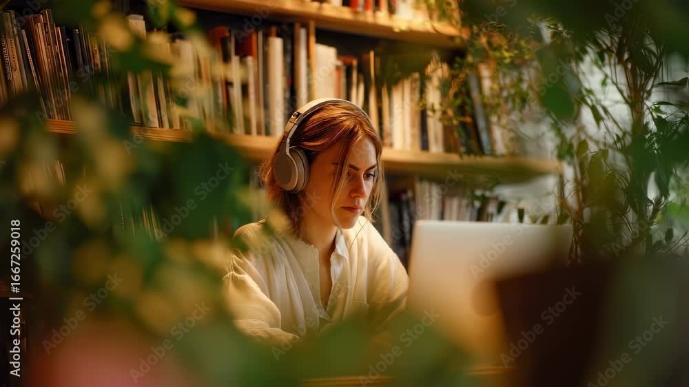 Young Woman Wearing Headphones Concentrating On Her Laptop Working