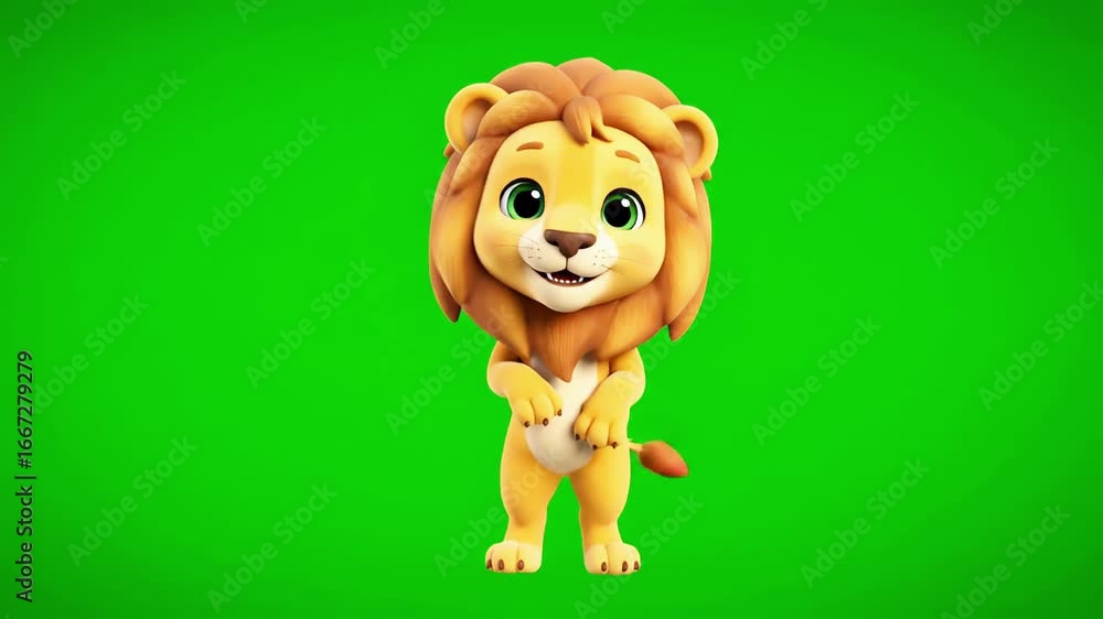 Animated lion cub dancing excitedly on green screen background in high ...