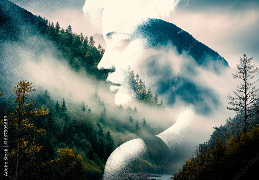 Black And White Mist Mountain Image Effect Double Exposure Forest ...