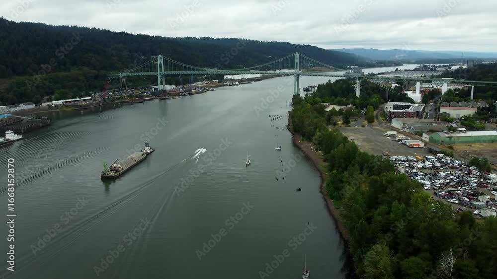 US, Oregon, Portland, St Johns, 2025-07-26 - Drone view of a barge ...