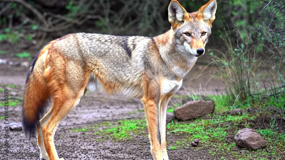 A lean coyote with sandy fur and a bushy tail stands alertly in a dry ...