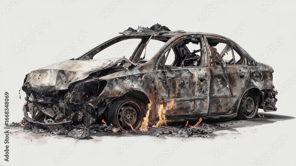 Burnt car with smoldering remains and fire damage showing destroyed ...