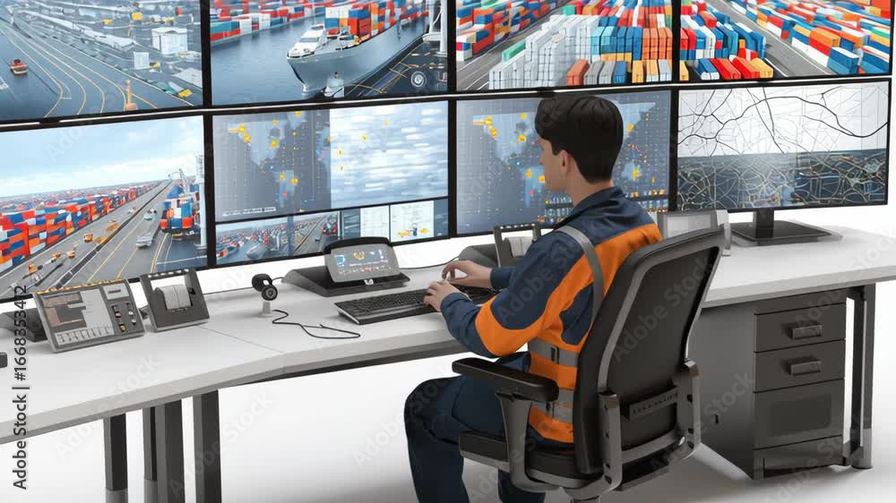 Container terminal control room operator monitoring real time cargo ...