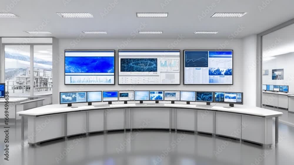 Modern Command Center: A sleek, minimalist interior design showcasing multiple screens ...