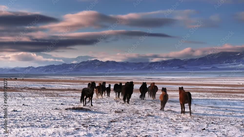 Wild horses running in snowy mongolian steppe at sunrise สต็อกวิดีโอ ...