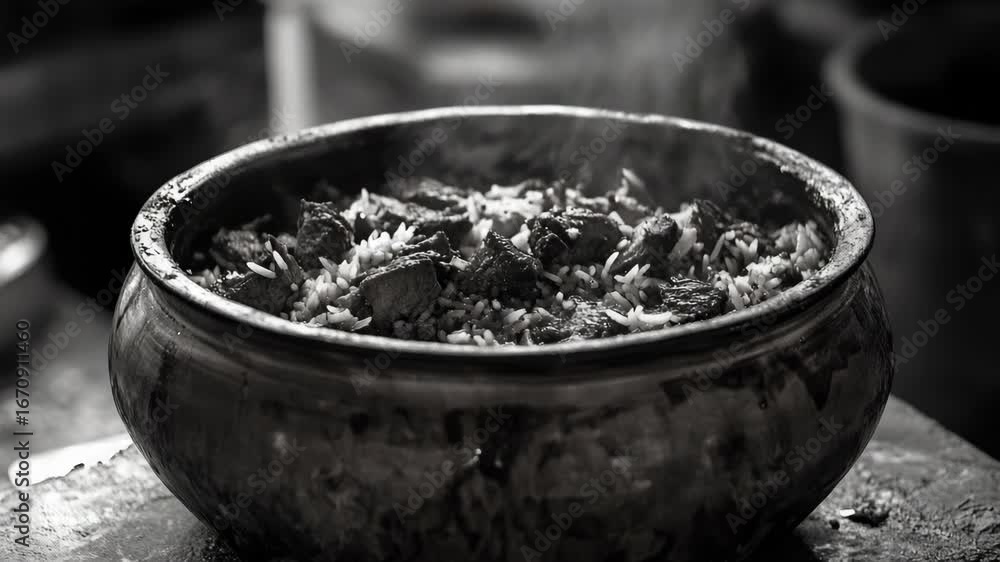 Traditional cooking method with steaming ingredients in an earthenware ...